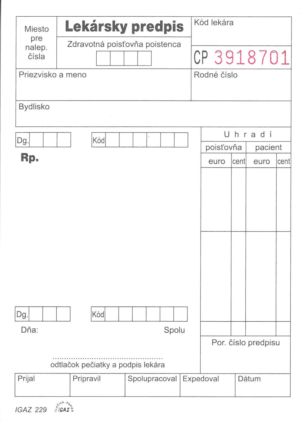 Lekársky predpis (recept) biely - lepený - číslovaný blok A6 - Protex.sk